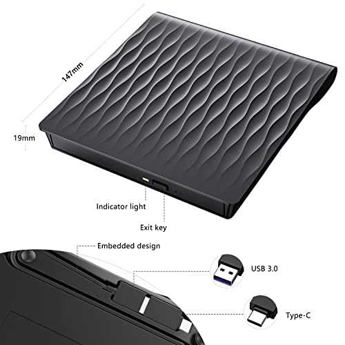 LPUNCD External CD/DVD Drive for Laptop USB 3.0 & Type-C,External CD DVD Burner CD/DVD+/-RW Rewriter for Laptop, Desktop, iMac, MacBook, Compatible with Windows 11/10/XP/8/7/Vista/Linux/MacOS, Black