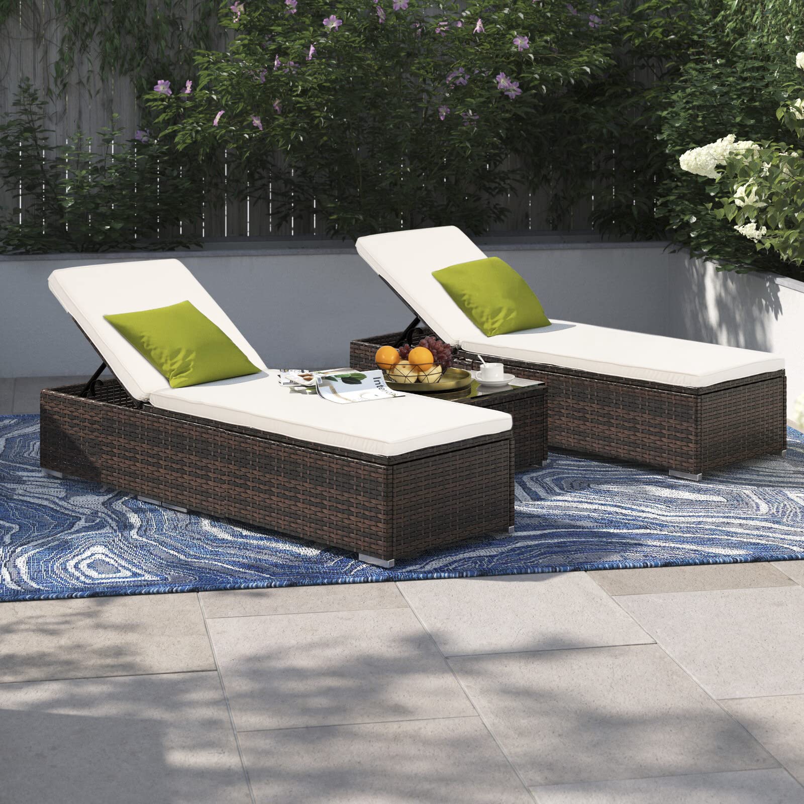 DIMAR GARDEN 3Piece Outdoor Chaise Lounge,Wicker Pool Lounge Chairs with Table, Mixed Brown