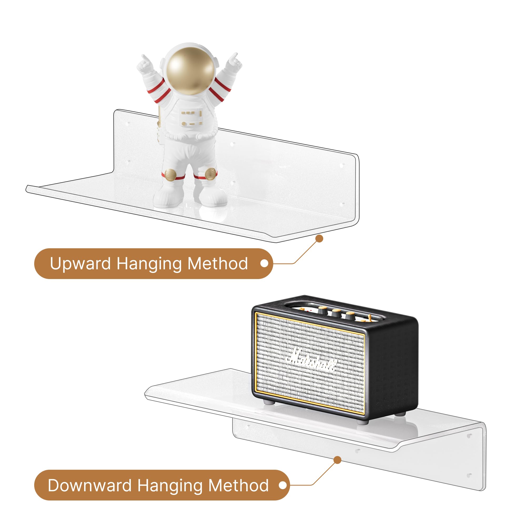 Clear Acrylic Floating Shelves 4 Pack, 9.4'' Wall Mounted Shelves for Bedroom, Bathroom, Living Room, Gaming Room with Free Tool and Accessories