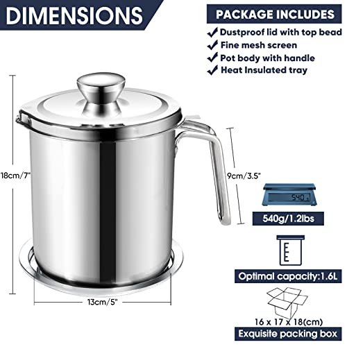 Chihee Grease Container Stainless Steel Bacon Grease Saver with Fine Mesh Strainer 2L / 67.6 fl oz Oil Container Grease Can with Dust-proof Lid Non-slip Tray for Kitchen Storing Frying Cooking Grease
