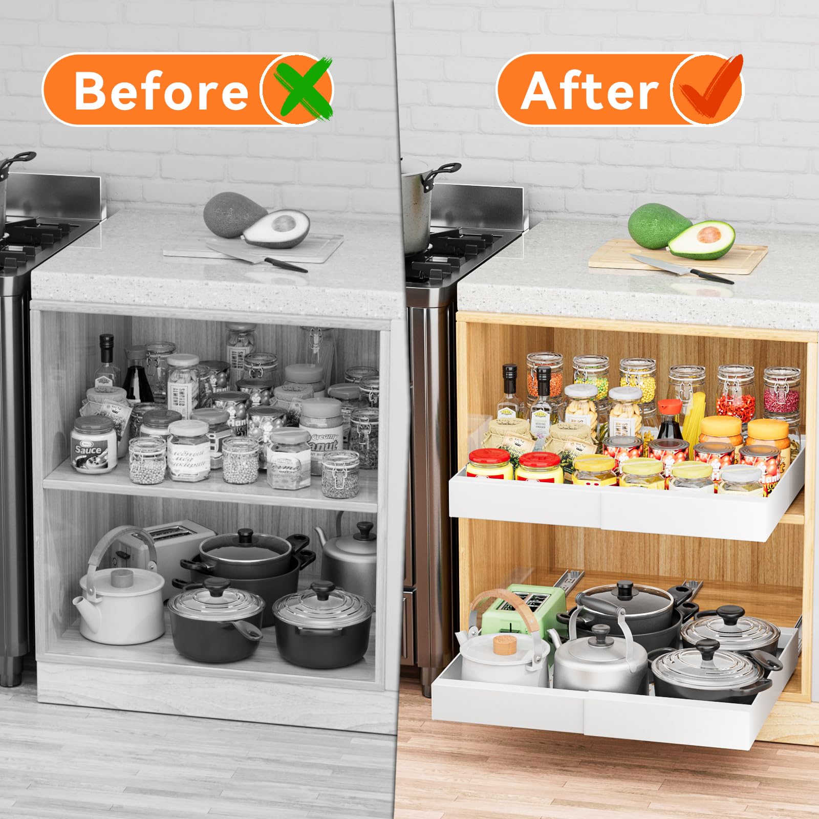 Expandable Pull Out Cabinet Organizer - Slide Out Cabinet Drawer Adhesive Kitchen Sliding Drawers with 4pcs Divider Racks for Pantry Bathroom Under Sink Home Storage, Width 12.2"-20.7",White