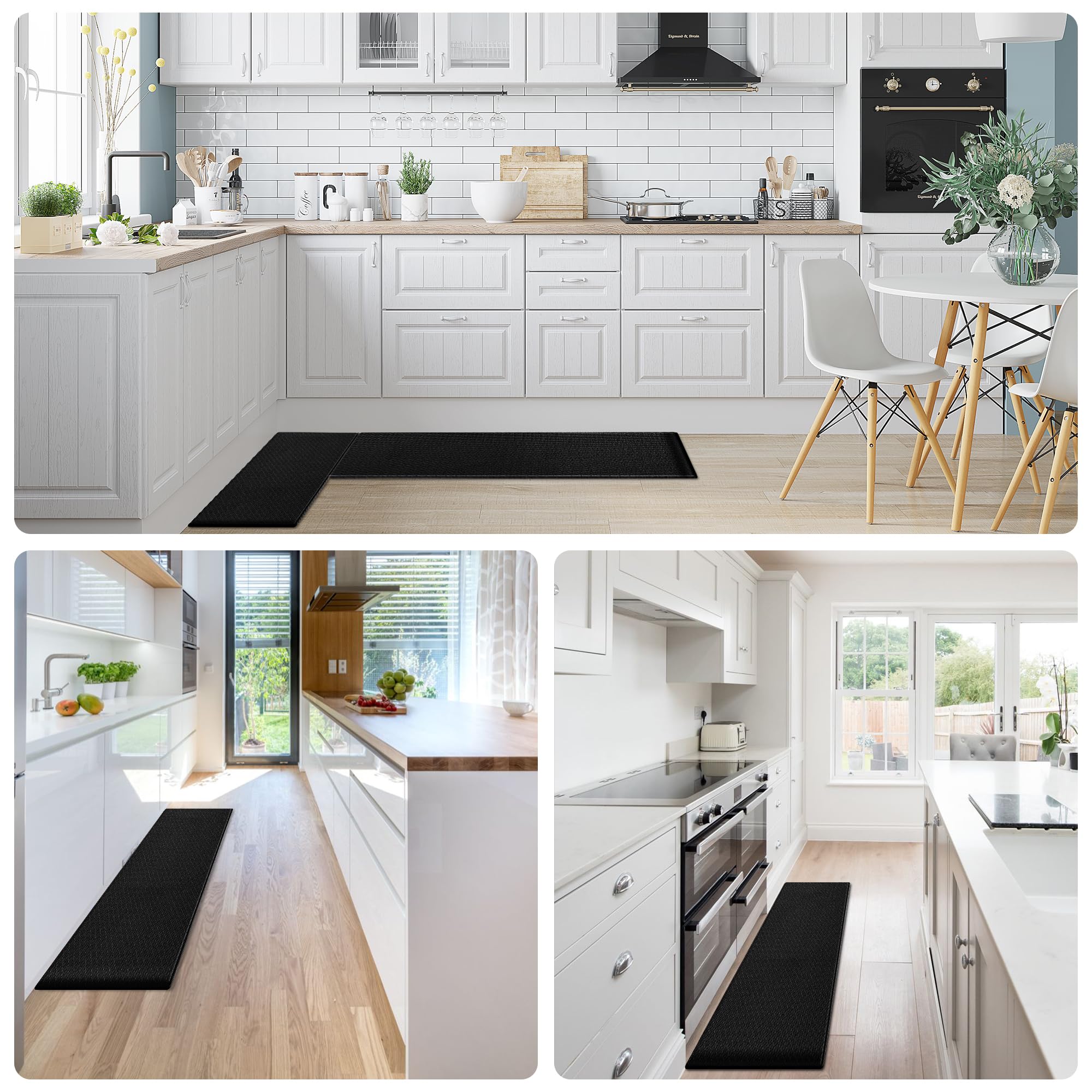 Cenivi 2PCS Kitchen Rugs, Kitchen Mat, 47 Inches Cushioned Anti-Fatigue Kitchen Rug, Kitchen Mats for Floor, Non-Slip Kitchen Rugs Sets of 2, Waterproof Kitchen Mat 17.3"×30"+17.3"×47",Black