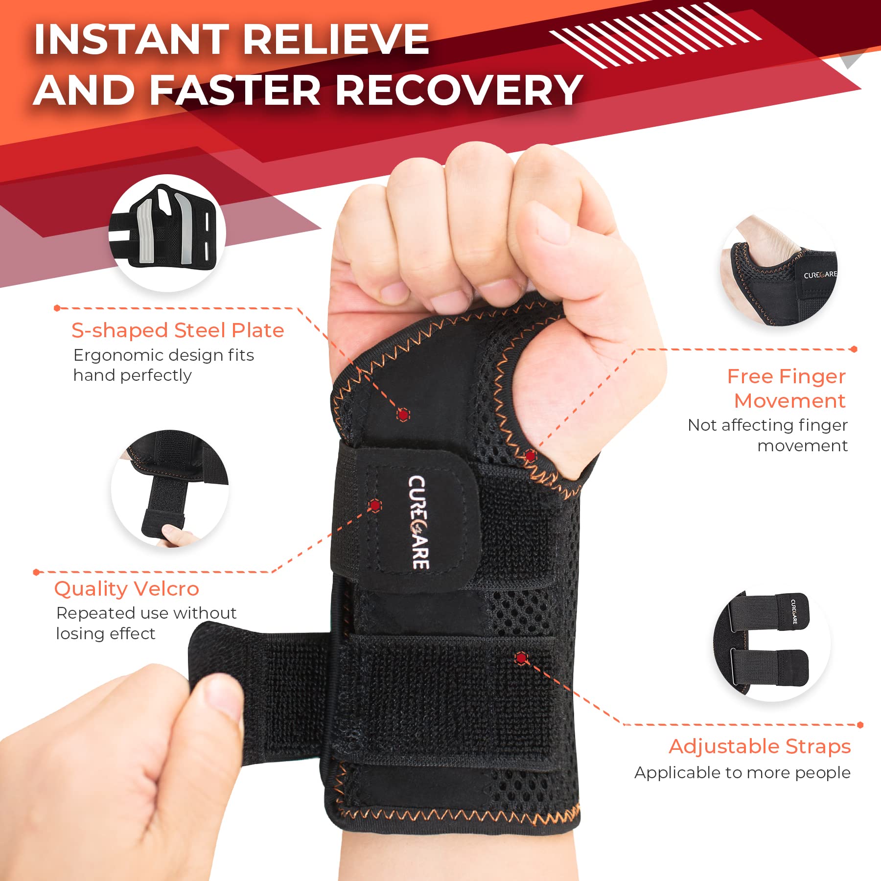 CURECARE Carpal Tunnel Wrist Brace Night Support, Wrist Support with 2 Adjustable Straps, Comfortable Wrist Brace for Tendonitis, Sprained Wrist, Injuries Recovery (Right Hand-Black, L/XL)