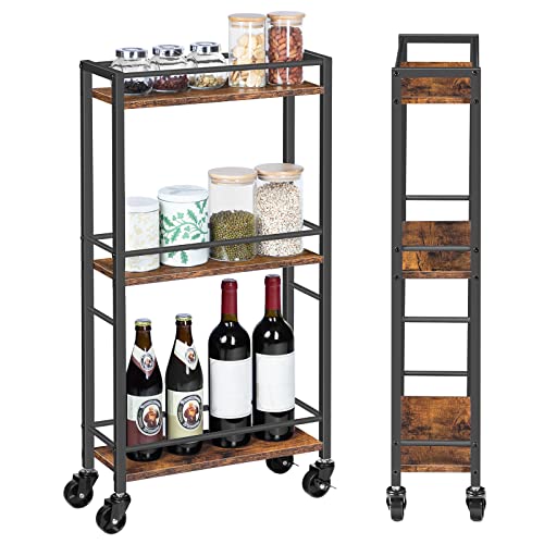 MAHANCRIS 3-Tier Slim Rolling Cart, Narrow Kitchen Cart on Wheels, Practical Storage Rolling Cart, Wooden Kitchen Storage Rack, for Tight Spaces in Dining Room, Bathroom, Rustic Brown RCHR1501Z