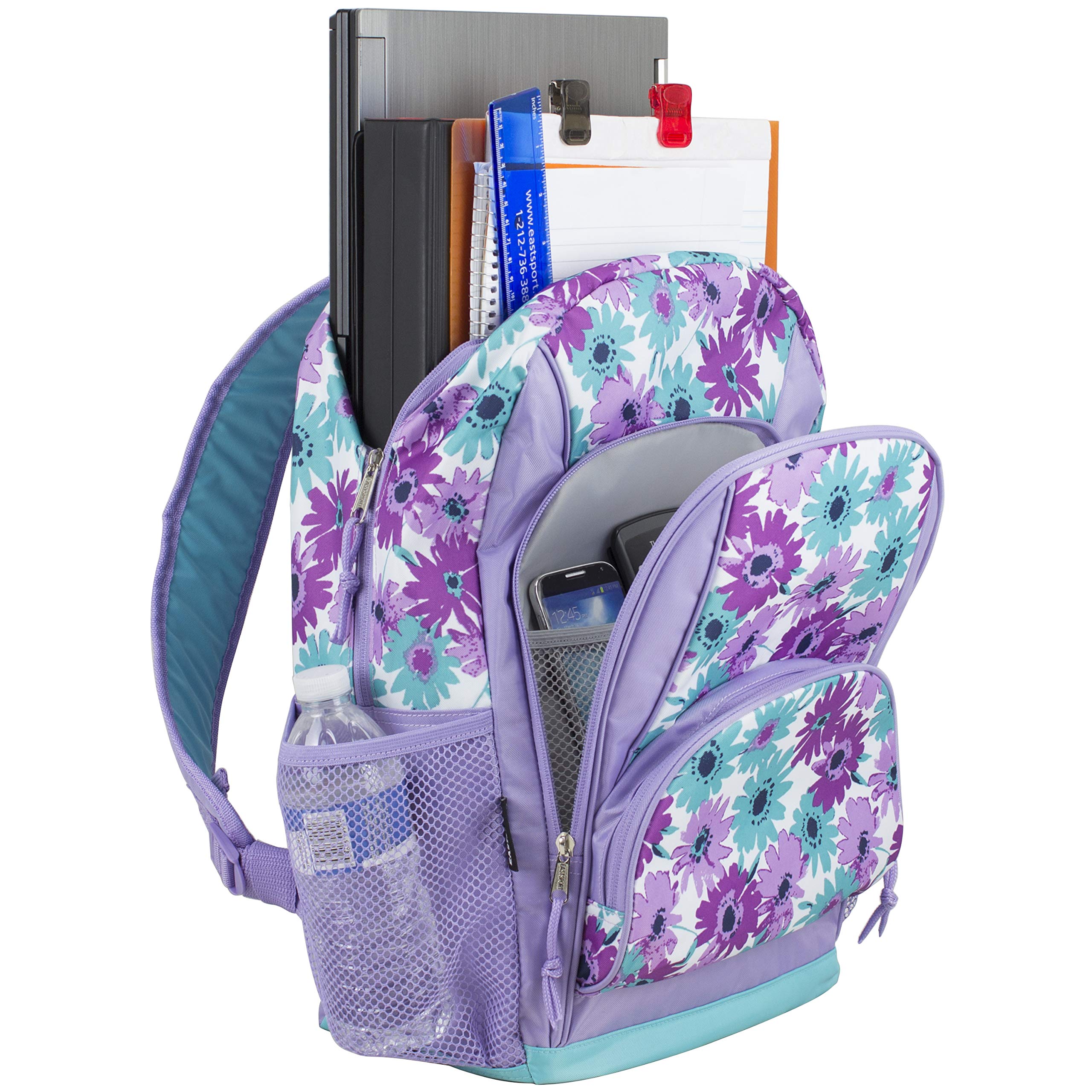 Eastsport Multi Pocket Backpack, 18β Triple Compartment Book Bag w/Adjustable Padded Straps - Purple Flowers