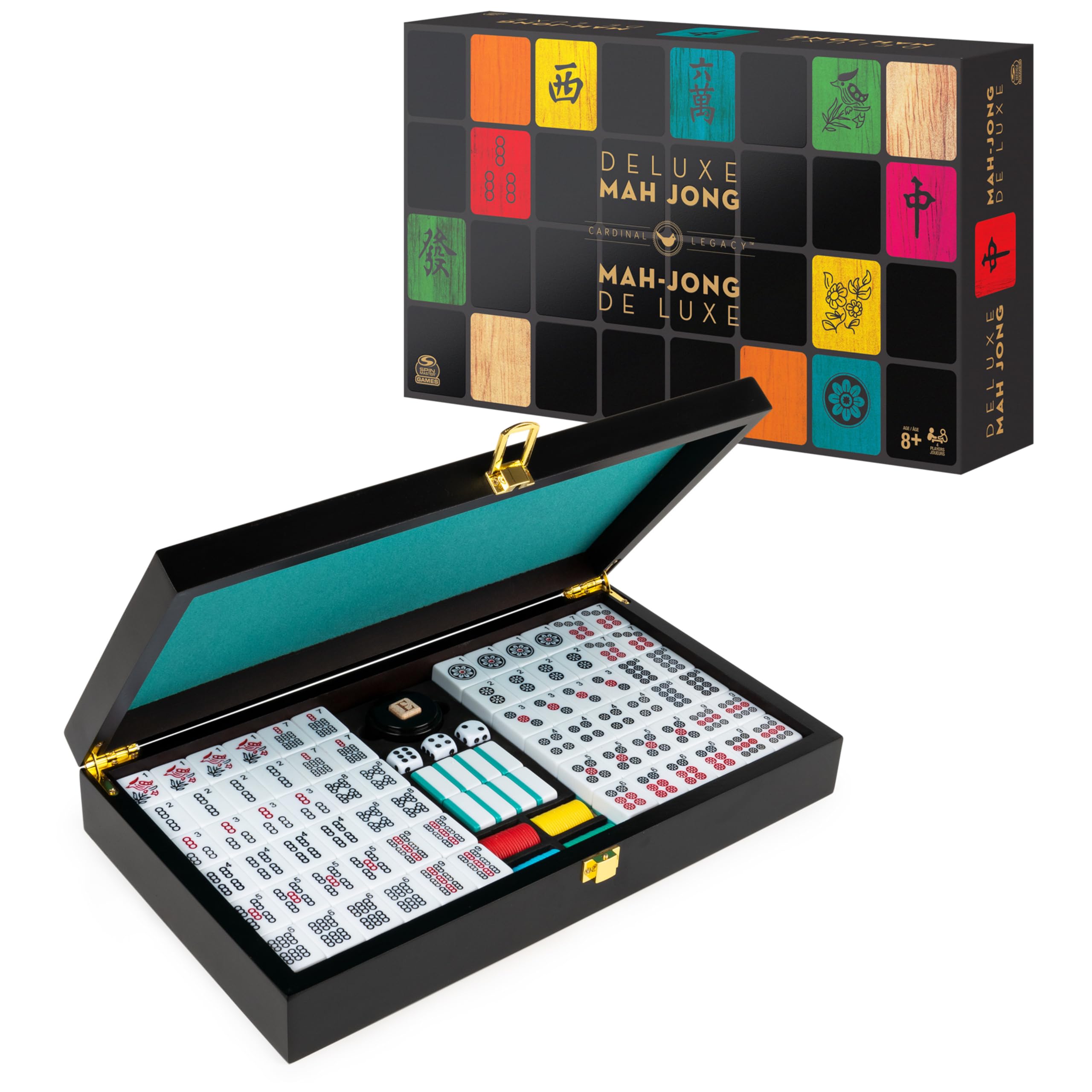 Spin Master Games Legacy Deluxe Mah Jong Classic Game with Two-Toned Tiles and Lined Wood Storage Case, Family Game for 4 Players Ages 8 and up