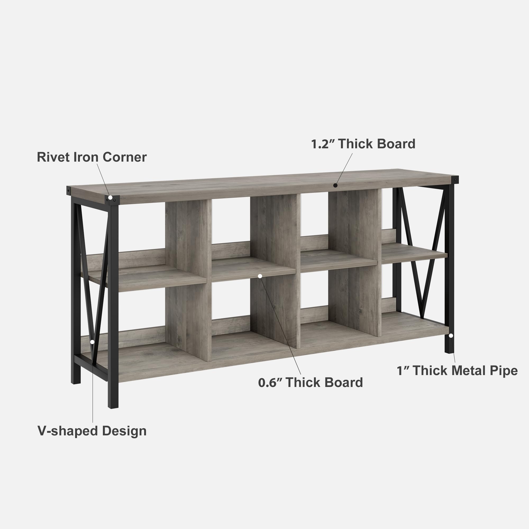 GAOMON 8 Cube Storage Organizer Bookcases, 3 Tier Metal Horizontal Bookcase, 62 Inch Industrial Storage Bookcase for Entryway, Long Low Bookshelf for Living Room-Grey