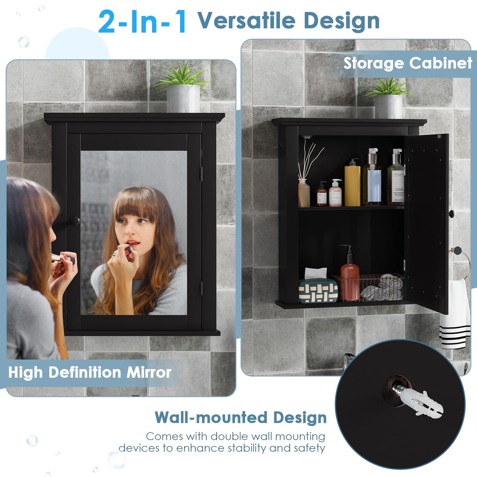 HOMGX Bathroom Mirror Cabinet, Wall Mounted Cabinet with Mirror Door, Adjustable Shef, Round Knob, Space Saving Wood Medicine Cabinet for Kitchen (Black)