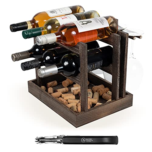 Rustic State Yapincak Countertop Wine Rack with Cork Opener - 6 Bottle 4 Stemware Glass Holder with Cork Storage Tray - Freestanding Wood Tabletop Display - Home Bar Décor - Burnt Brown