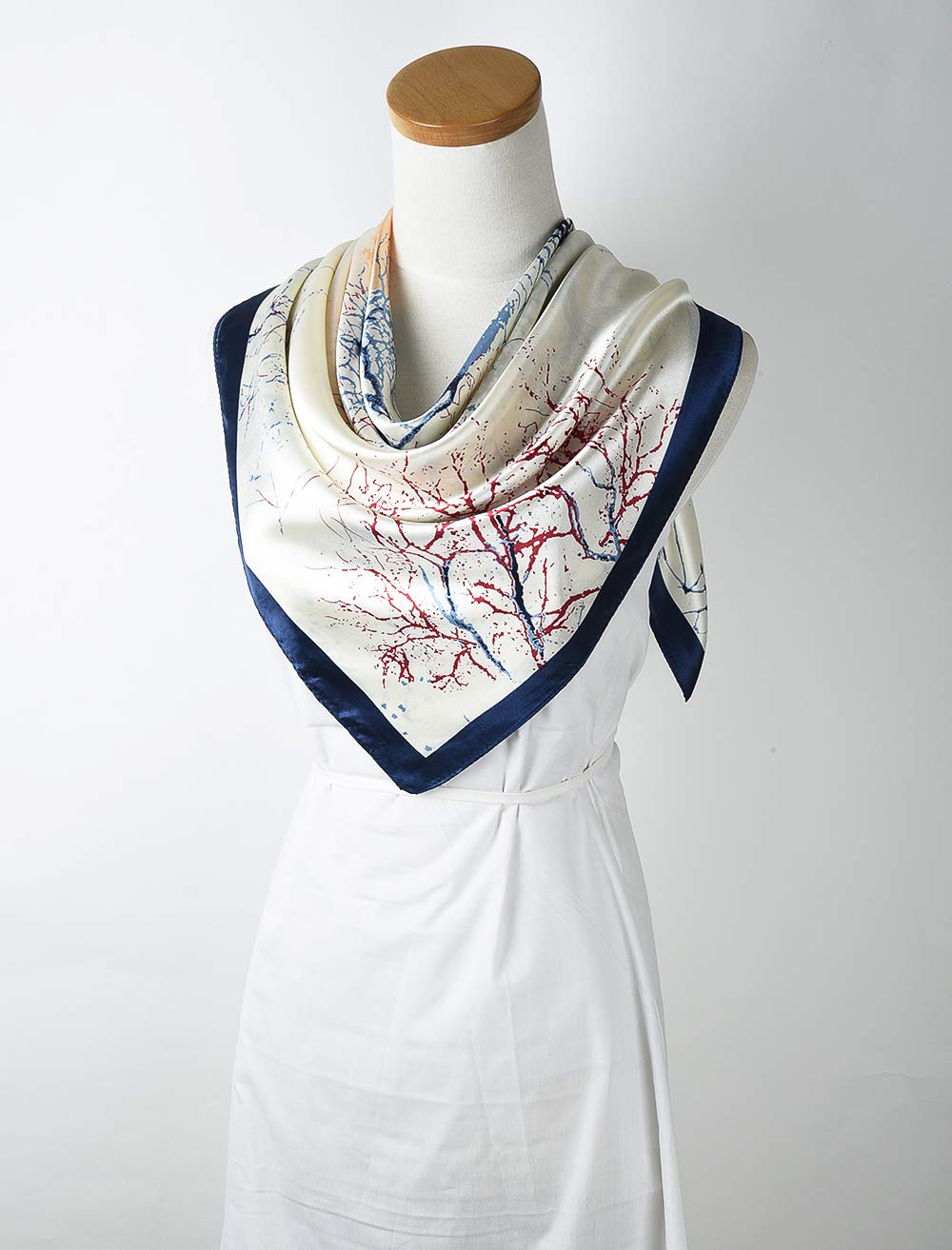 corciova 35 x 35 Large Bandana Women Satin Tie Square Headband Silk Like Hair Scarf Wrap Headscarf Prussian Blue Beige Trees