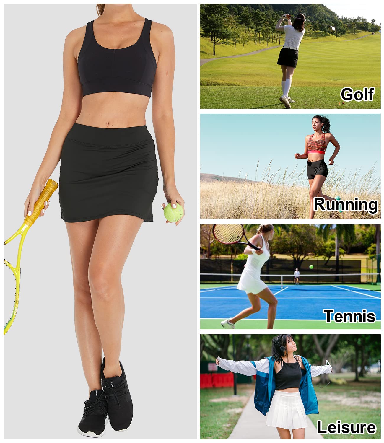 Cityoung Womens Athletic Pleated Golf Skirts with Pockets Tennis Skirt High Waisted with Shorts Running Workout Black L