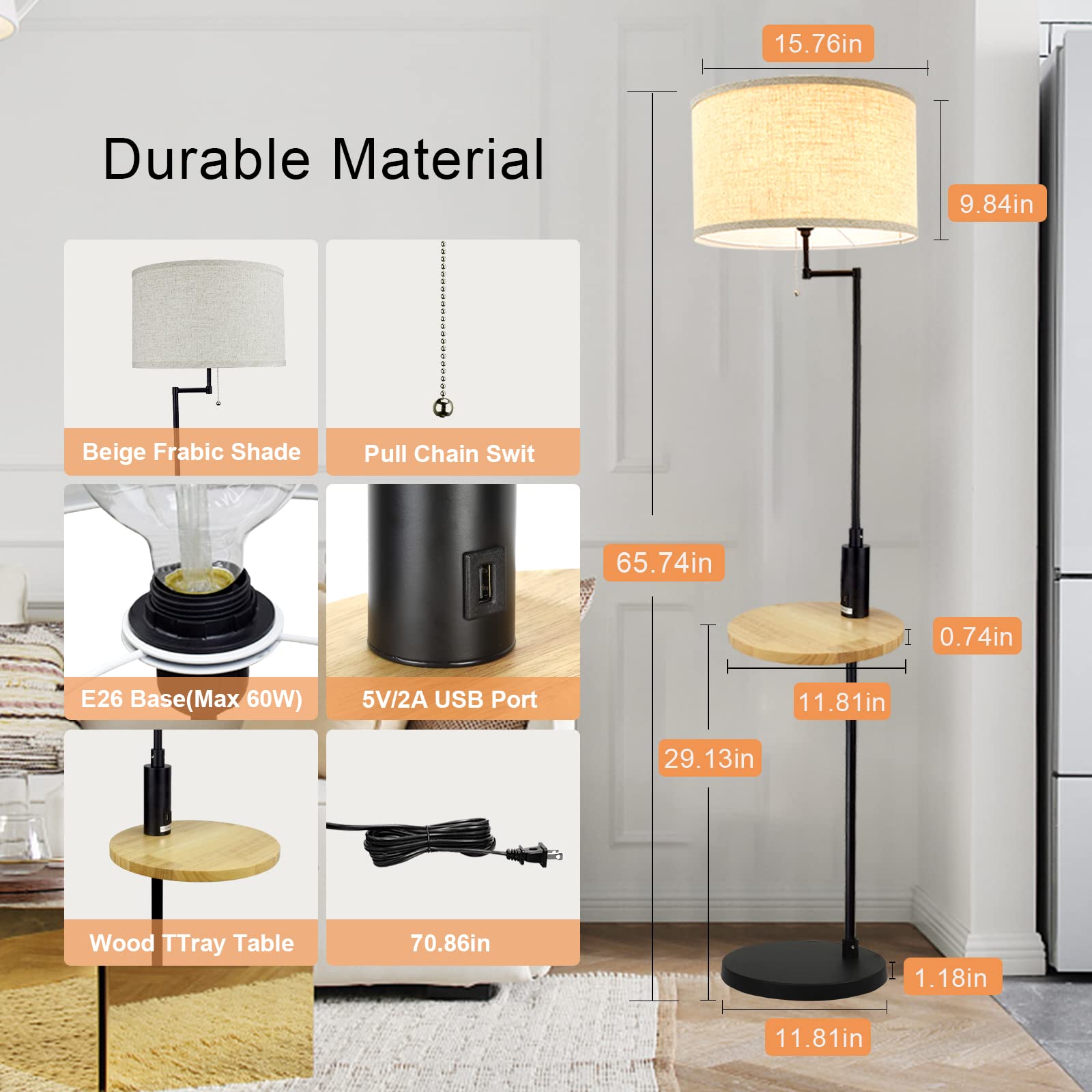 DLLT Living Room LED Floor Lamp- Standing Accent Light with USB Charging Port, Energy Saving, Tall Pole Lighting with Beside Table, Mid Century Contemporary Rooms Lamps, E26 Warm Lights,Fabric Shade