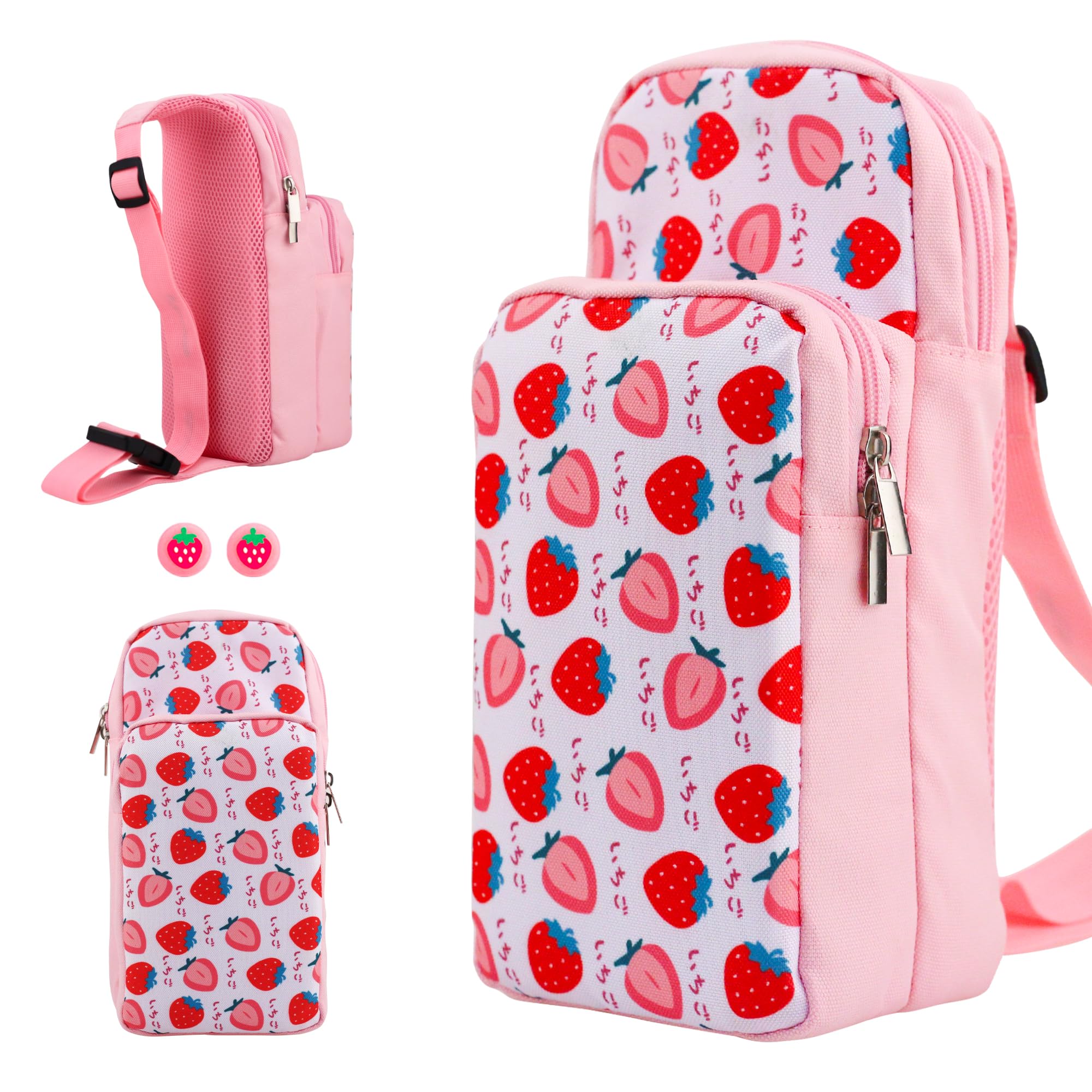 CONSOLEARMOR Pink Strawberry Travel Bag Compatible with Nintendo Switch/Lite/OLED, Portable Waterproof Crossbody Carrying Case, Shoulder Bag Storage Backpack Case with Thumb Cap for Switch Accessories