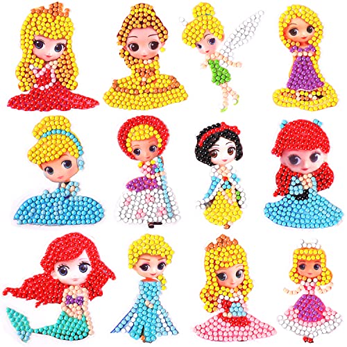 HTPDIOP 12pcs 5D Diamond Painting Kit for Kids, DIY Cute Princess Diamond Stickers Handmade Digital Painting Rhinestone Mosaic Sticker Mosaic Sticker Making Kids Crafts, Kids Gifts (Princess)