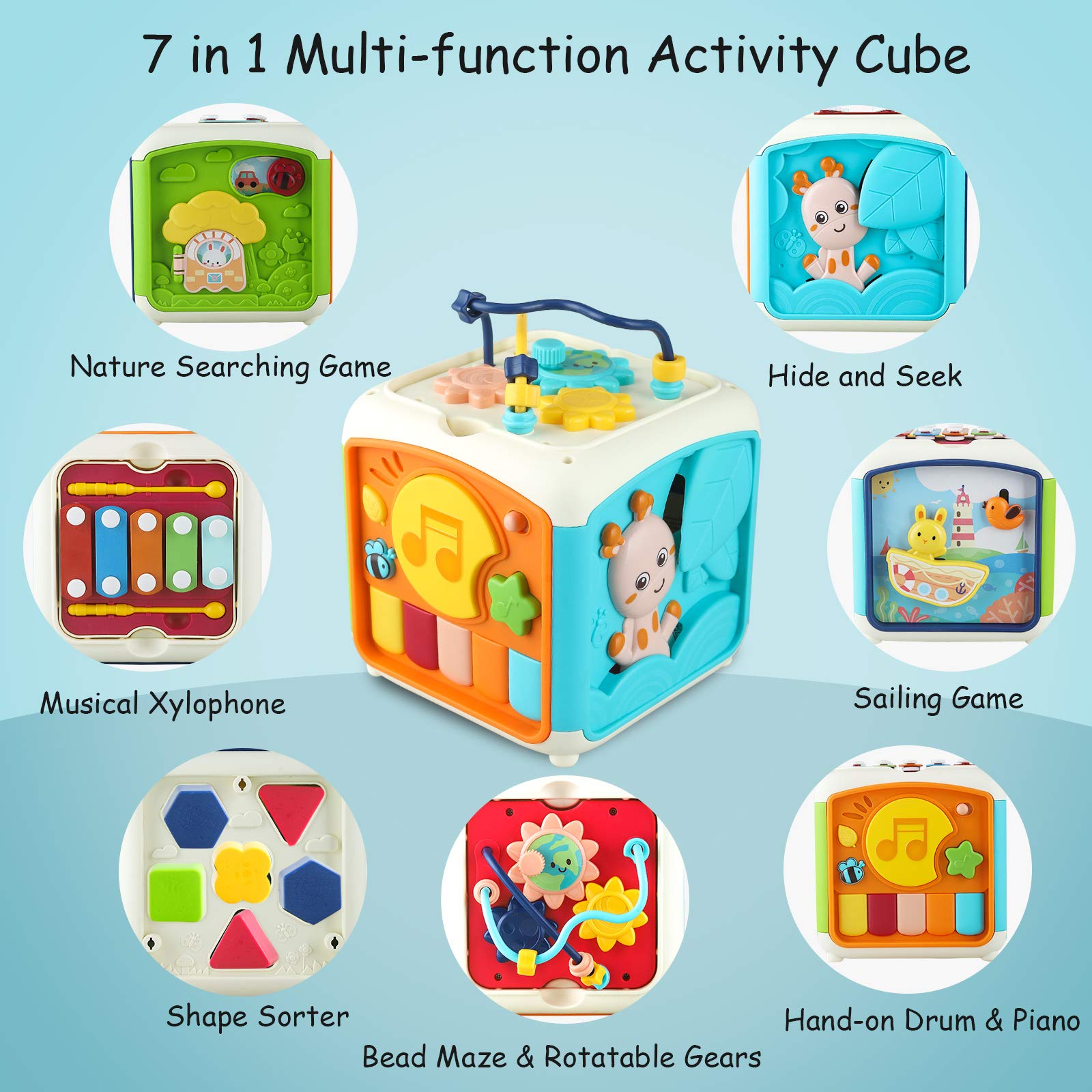 Tikooere Activity Cube Toy for Baby,7 in 1 Multi-Function Play Cube with Music Keyboard,Drum and Xylophone,Educational Musical Toy Gifts for Toddlers Kids Boys Girls 1 2 3 4 5 6 Years Old(Blue)