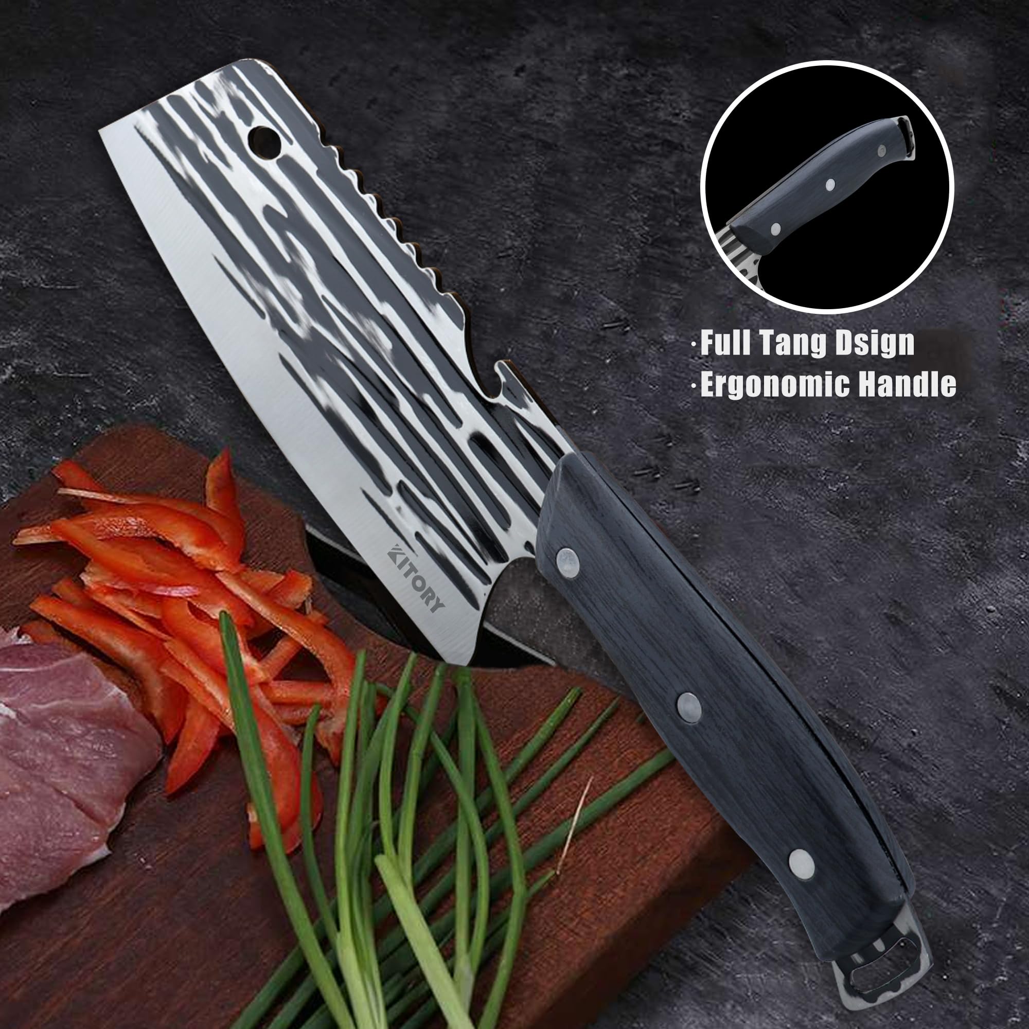 Kitory Cleaver Knife 7 Inch Chinese Knife with hanging hole, High Carbon Stainless Steel Kitchen Knife with Ergonomic Handle, Ultra Sharp, Full Tang