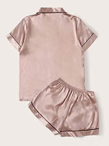 MakeMeChic Women's Satin Sleepwear Button Front Short Sleeve 2 Piece Pajama Set Dusty Pink S