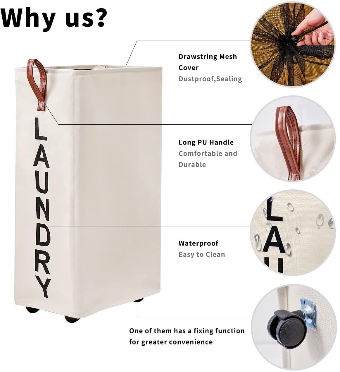 Homlikelan 70L Large Laundry Hamper,Tall Rolling Laundry Basket,Narrow Laundry Basket with Wheels,Slim Laundry Hamper on Wheels Clothes Hamper Laundry Bin 27.5" Beige