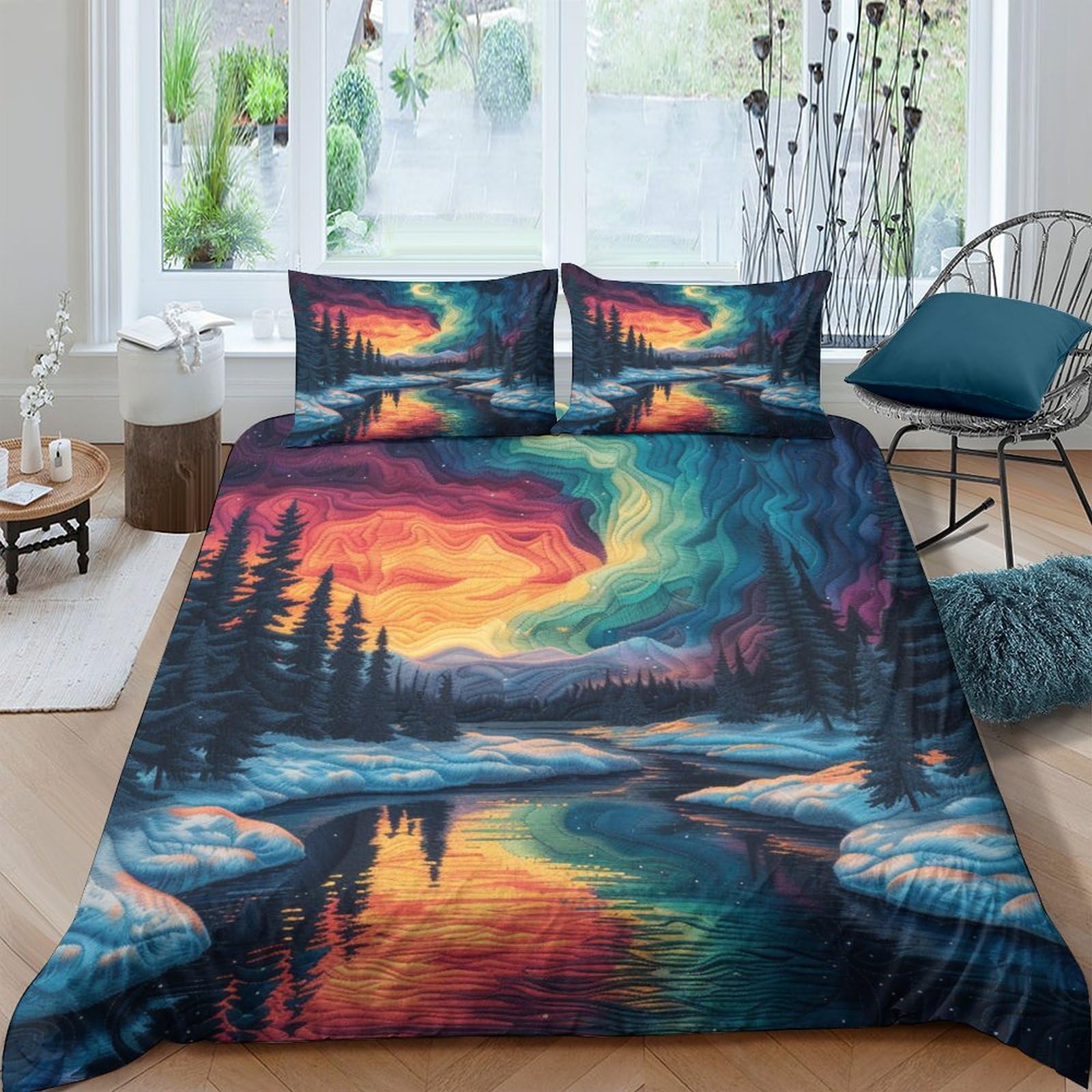 ERGTT Winter Snow Scene Quilt Cover 3D Print Aurora for Teens and Adults Duvet Cover Comforter Covers Soft Microfiber Bedding Set with Zipper Closure with Pillow Cases 3 Pieces Twin(173x218cm)