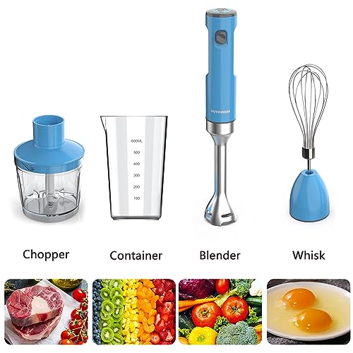 Cordless Hand Blender, OUTRONSM Immersion Blender Rechargeable, with Charging Cable, 500ml Chopper, 600ml container, Egg Whisk, for Smoothies, Milkshakes, Baby Food and Soups β Blue