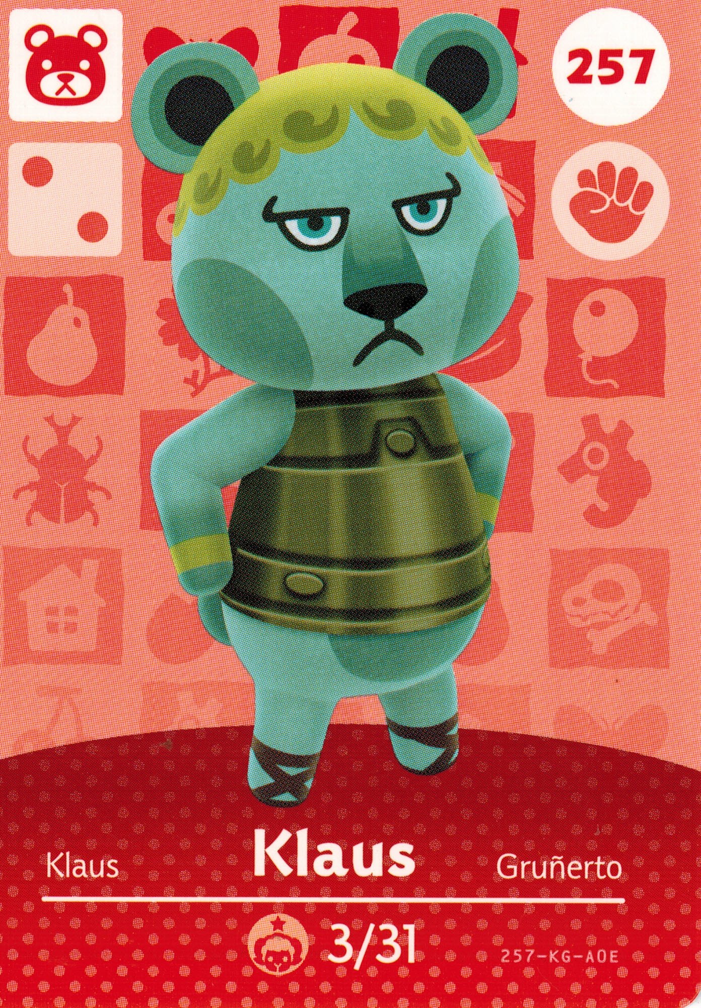 Nintendo Animal Crossing Happy Home Designer Amiibo Card Klaus 257/300 USA Version