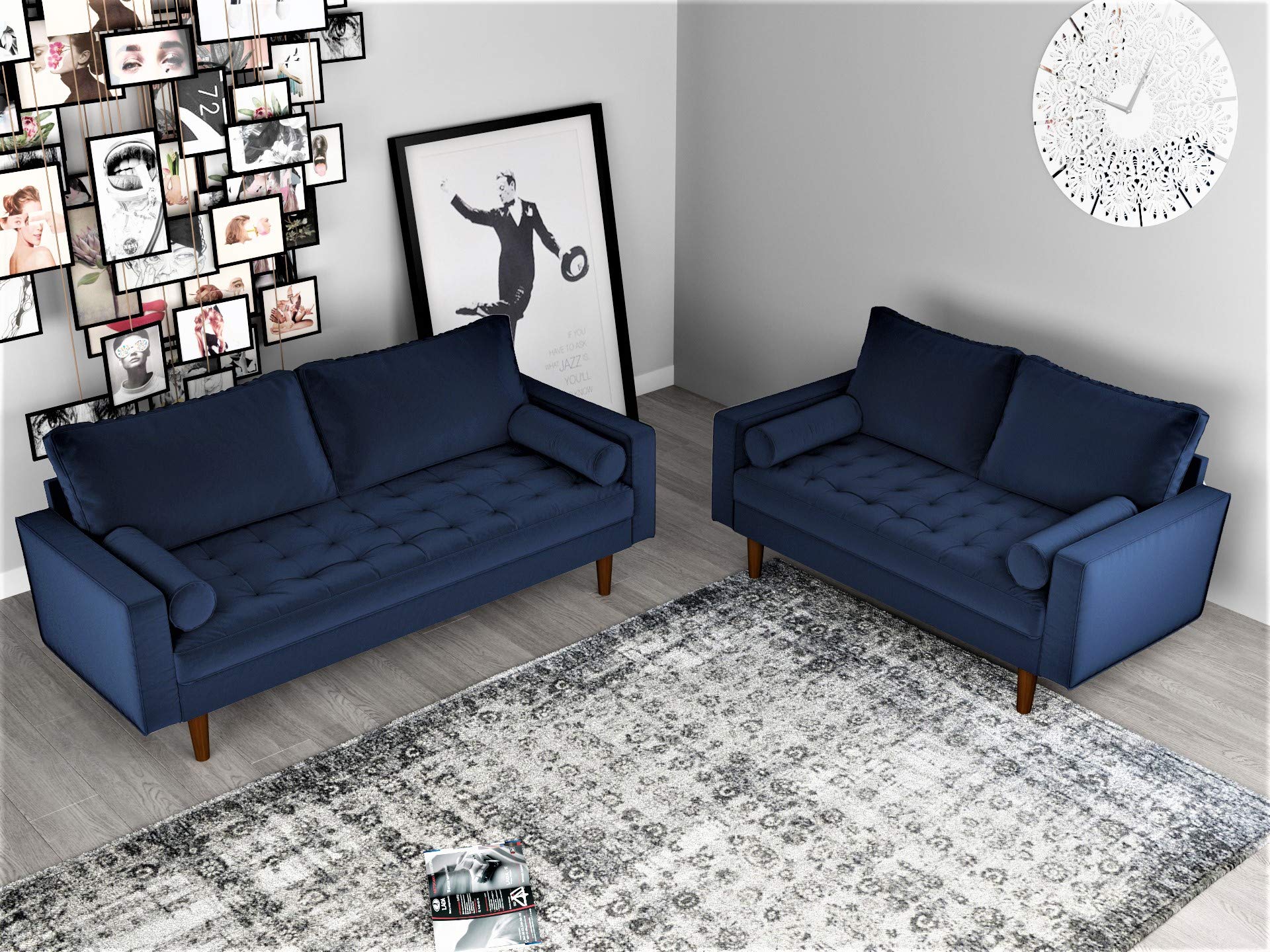 Container Furniture Direct Womble Velvet Upholstered Living Room Diamond Tufted Chesterfield Loveseat With Gleaming Nailhead, Space Blue