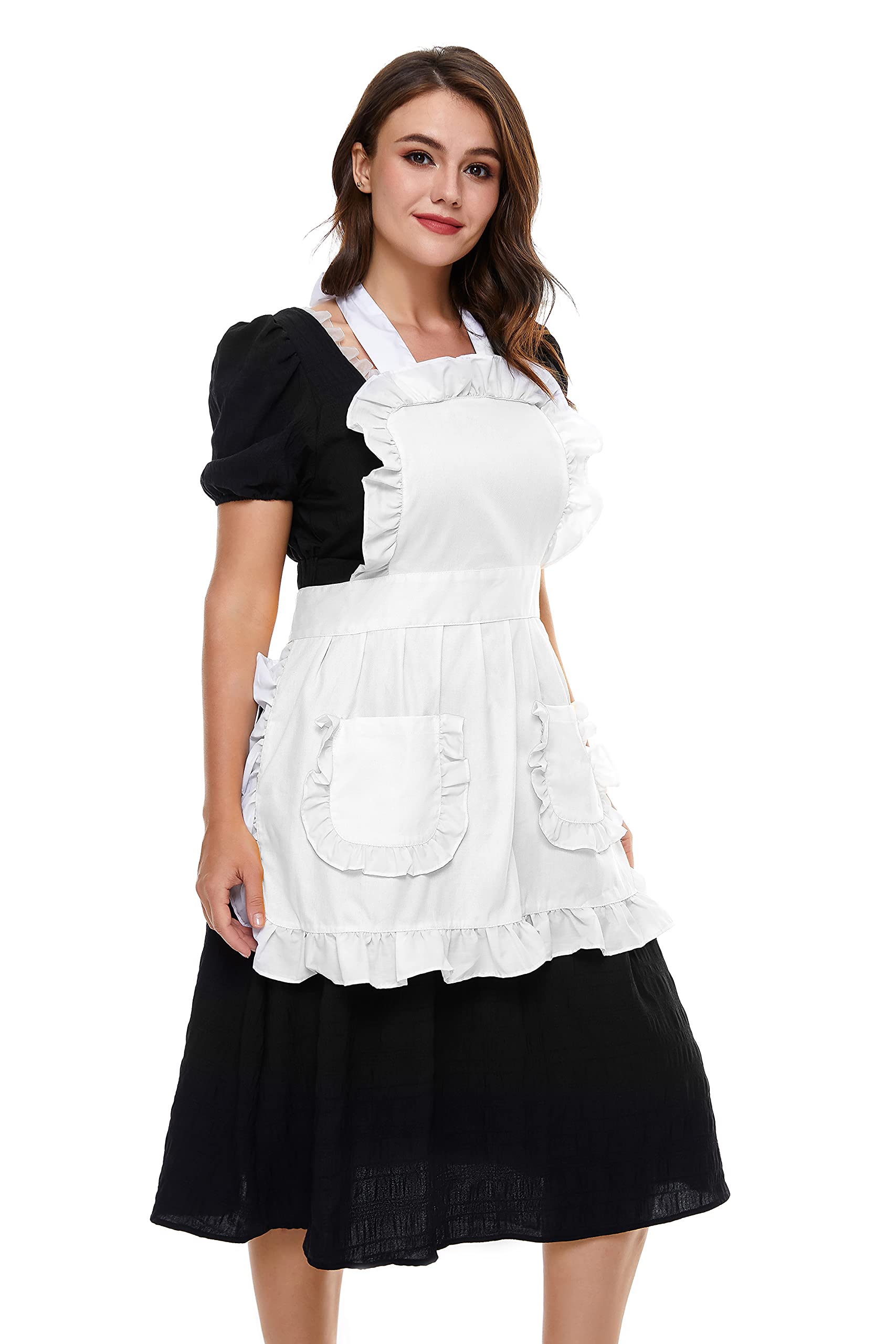 LilMents Women's Ruffles Outline Retro Pockets Apron Kitchen Cooking Cleaning Maid Costume (White)