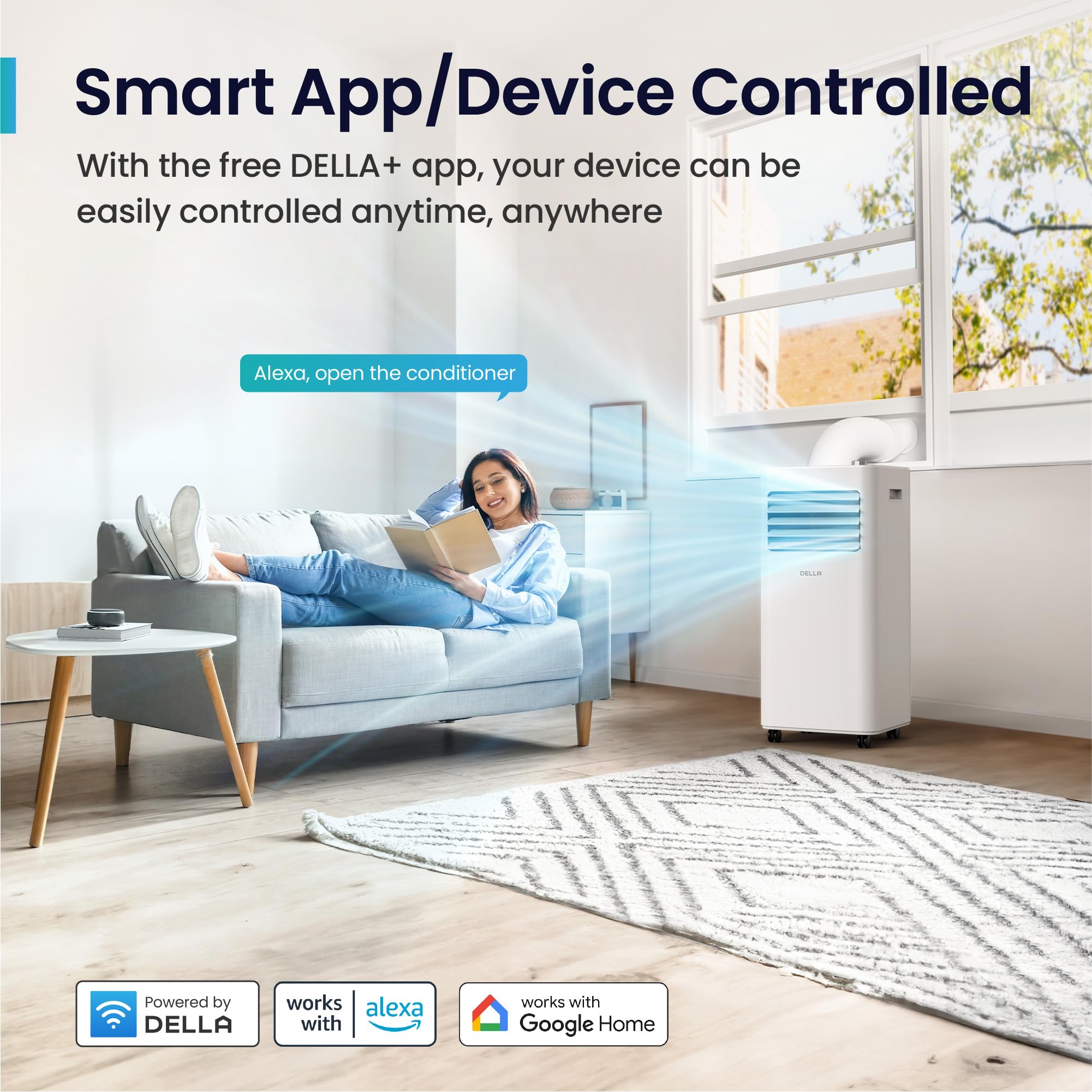 DELLA Smart WiFi Enabled 10000 BTU Portable Air Conditioner Cools Up To 450 Sq. Ft. Work with Alexa,Geo Fencing Cooling, Dehumidifier & Fan Portable AC Unit w/Remote Control & Window Kit,