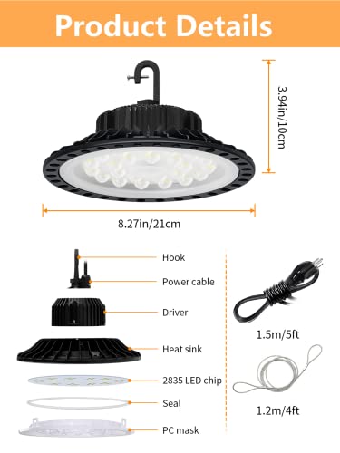 LED High Bay Light, 100W 12000LM UFO LED High Bay Lights with US Plug 5' Cable, 6500K Super Bright LED Shop Lights, IP65 Warehouse Light, Area Light Fixture Shop Light for Garage Warehouse Workshop