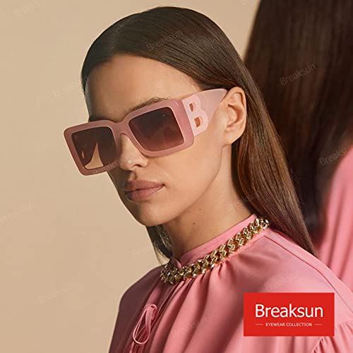 Breaksun Fashion Big Square Sunglasses for Women Men Classic Black Luxury Designer Sun Glasses Thick Frame Gradient Tint (Black/Black+ Pink)