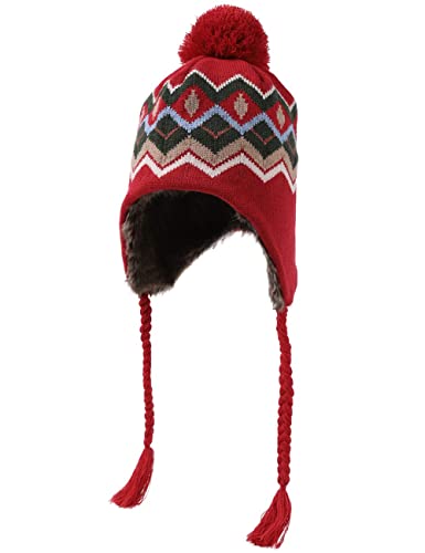 Comhats Winter Thick Peruvian Beanie Hat for Women Girl Wool Warm Ski Earflap Pompom Fur Skull Cap Red