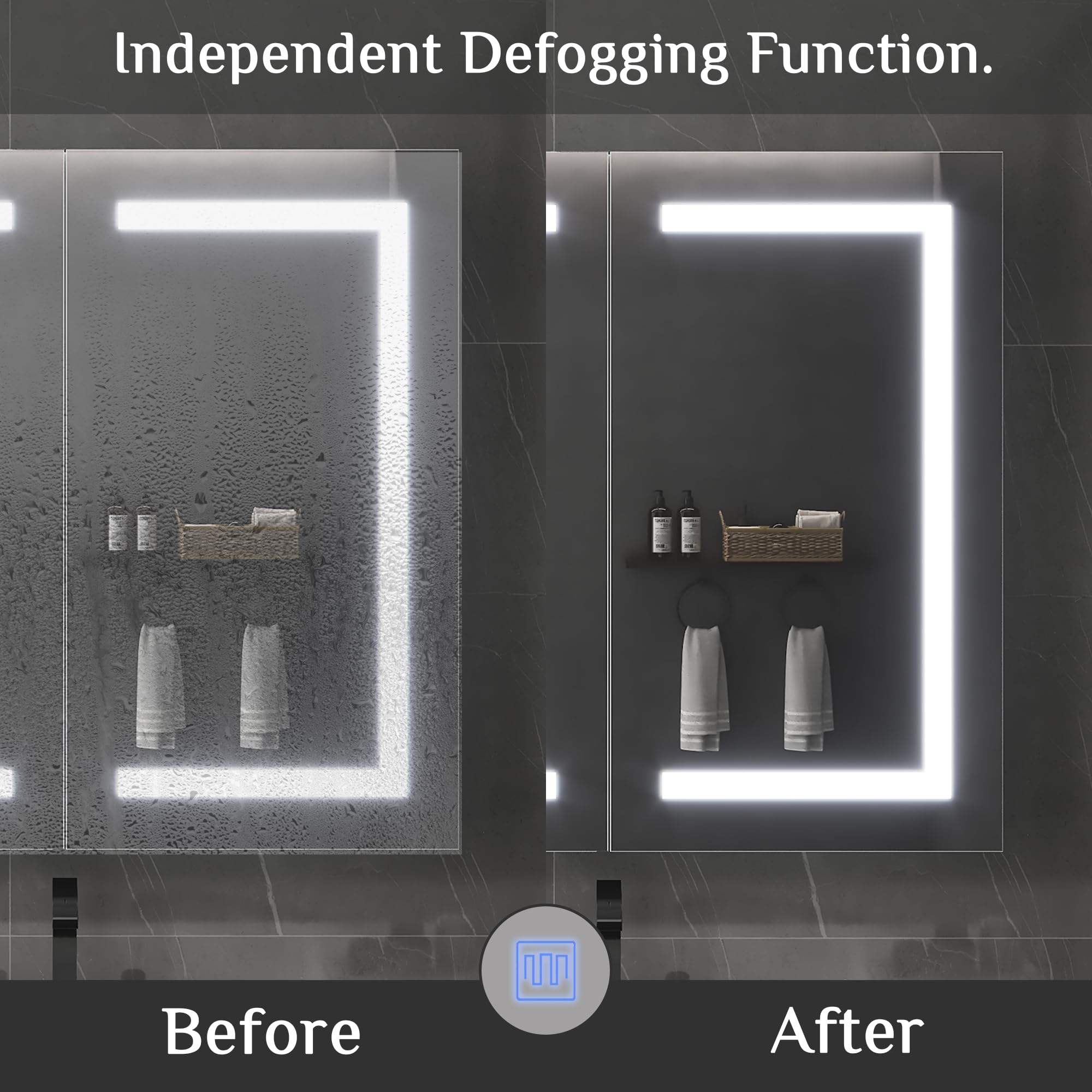 FUNISIR Lighted Medicine Cabinet with Mirror, 2 Doors Large Medicine Cabinet Mirror with Anti-Fog, Stepless Dimmable Light & Light Color Adjustment, Surface Mount, White, 35.4" W x 31.3" H