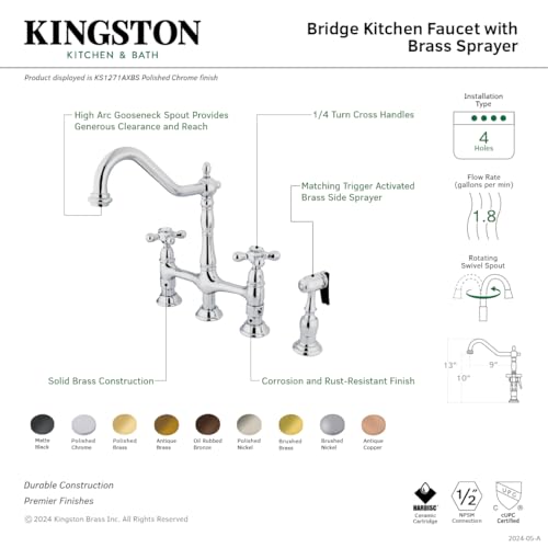 Kingston Brass KS1270AXBS Heritage Bridge Kitchen Faucet, 8-9/16" in Spout Reach, Matte Black