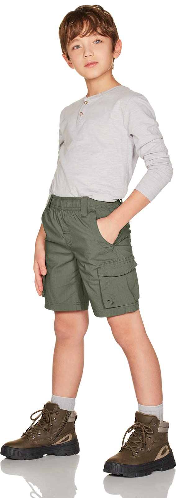 CQR Kids Youth Pull on Cargo Shorts, Outdoor Camping Hiking Shorts, Lightweight Elastic Waist Athletic Short with Pockets, Driflex Shorts Olive, Large