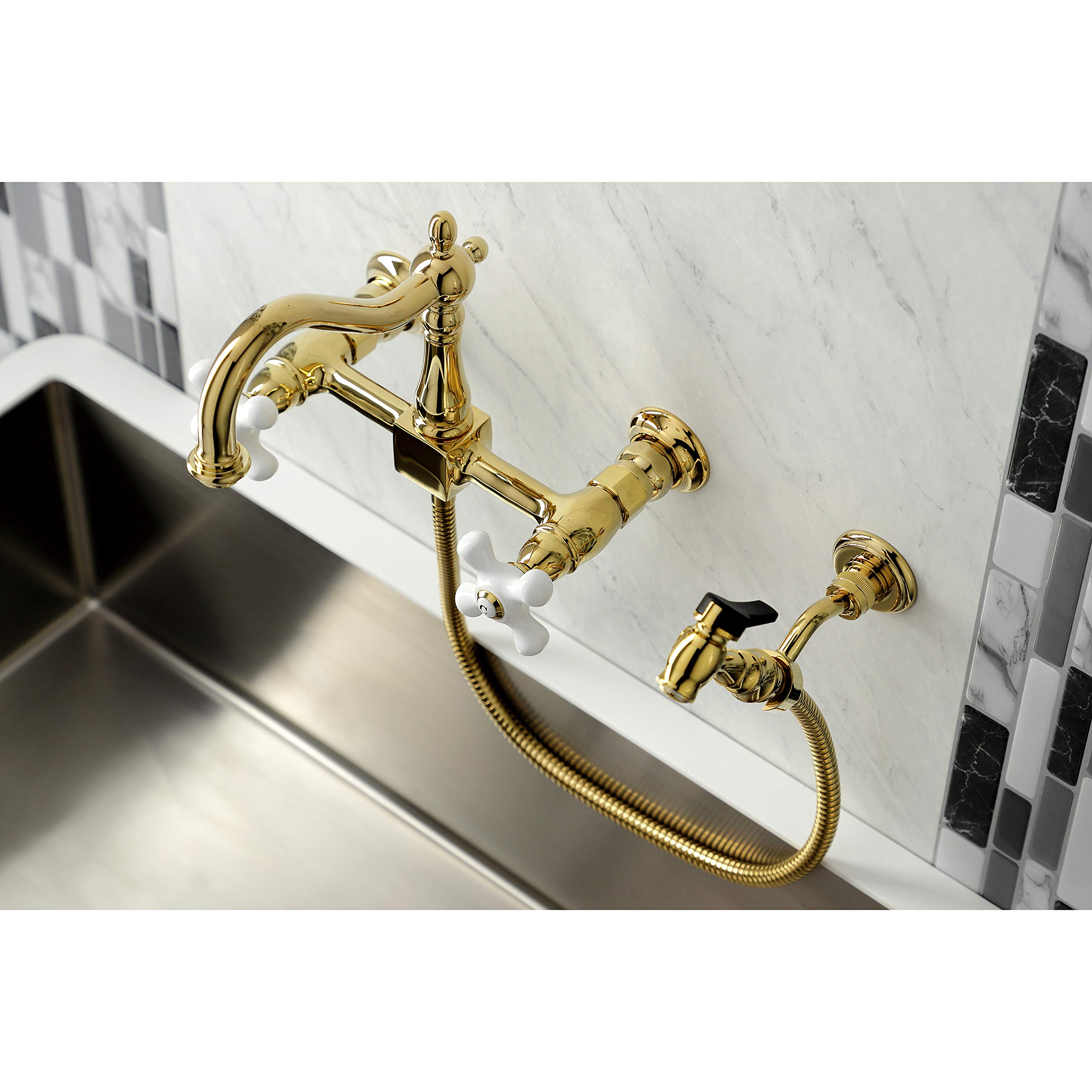Kingston Brass KS1262PXBS Heritage Wall Mount Bridge Kitchen Faucet with Brass Sprayer, 6-9/16", Oil Rubbed Bronze