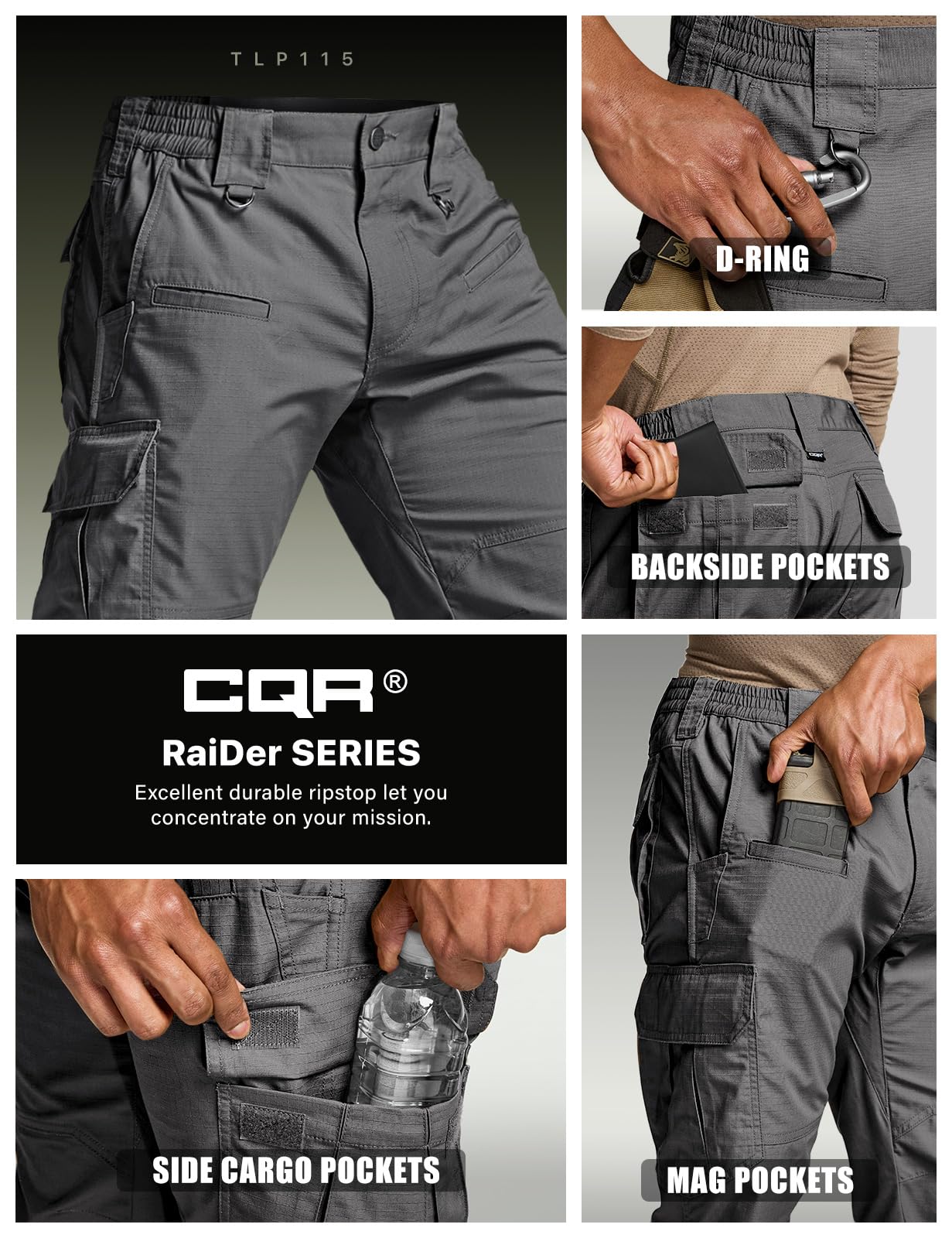 CQR Men's Tactical Pants, Water Resistant Ripstop Cargo Pants, Lightweight EDC Work Hiking Pants, Outdoor Apparel, Duratex Charcoal, 34W x 30L
