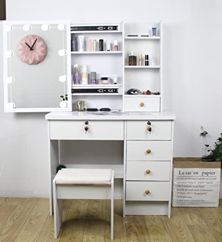 Saicheng White Makeup Vanity Set with Sliding Lighted Mirror ,Dressing Table with 5 Storage Drawers Shelves , Dresser Desk & Cushioned Stool Set for Bedroom