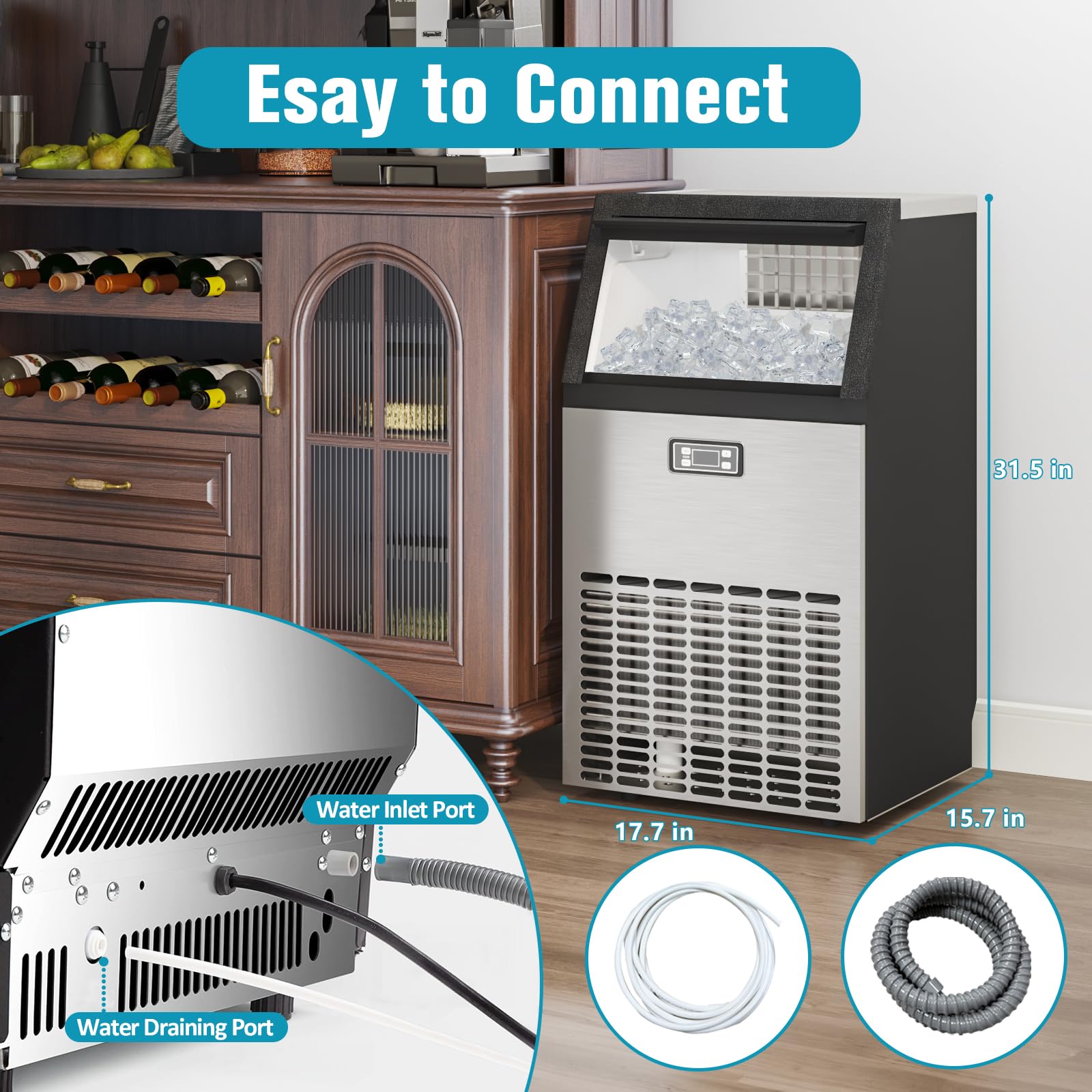 Erivess 120 lbs/24H Commercial Ice Maker,48 Cubes/11mins, 33 lbs Ice Storage Capacity, Counter Ice Maker Self Cleaning, 24 Hour Timer Stainless Steel Freestanding Ice Maker Machine (120lbs/day)