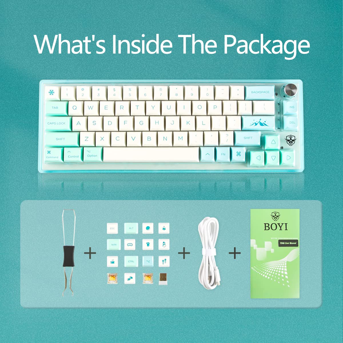 BOYI TD66 RGB Tri-Mode Hot Swappable 65% Mechanical Gaming Keyboard with Knob,66 Key 2.4Ghz/Bluetooth 5.0/Wired Gateron Yellow Switch Programmable Keyboard(Snow Mountain XDA Keycaps)