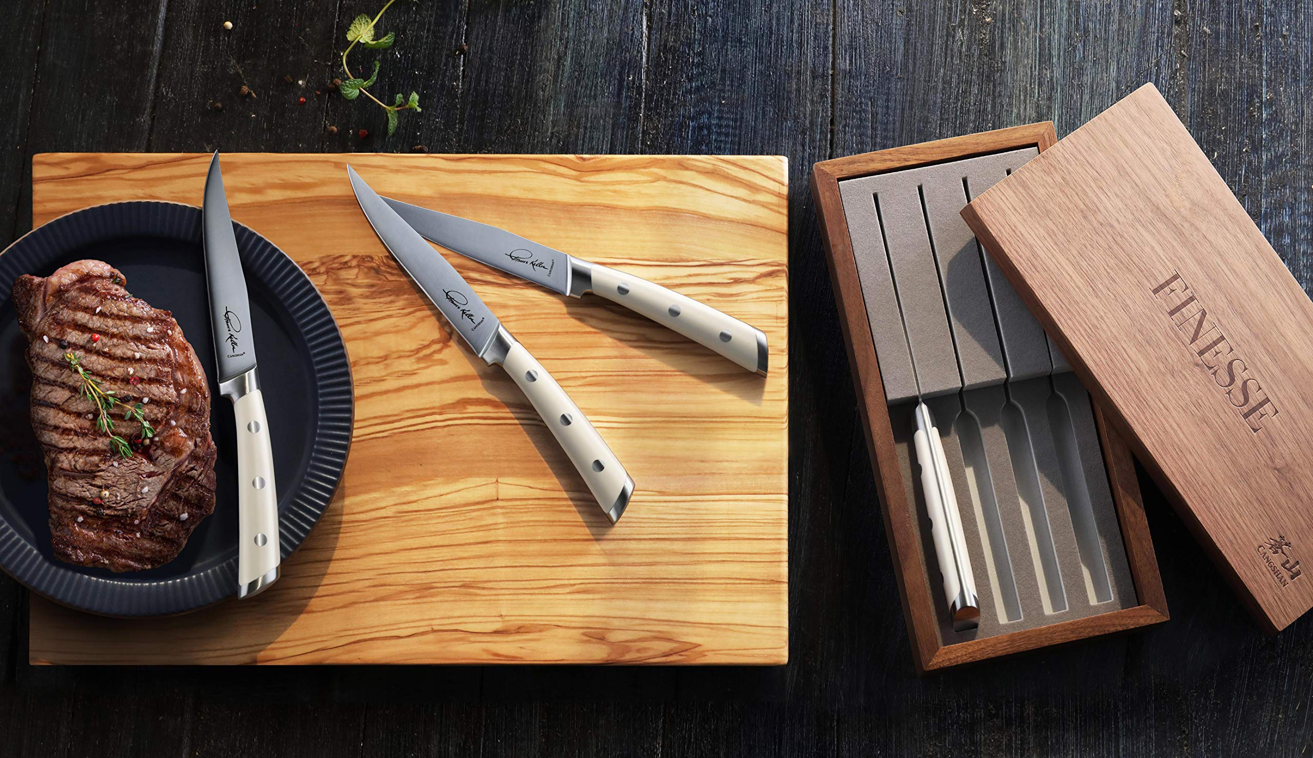 Cangshan | Thomas Keller Signature Collection 4-Piece Forged Straight Edge Steak Knife, Walnut Box