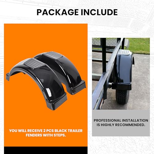 ECOTRIC 2 Pcs Trailer Fenders W/Steps Compatible with Single-Axle Trailers 13" Diameter Wheels Tires Plastic Fenders - Black