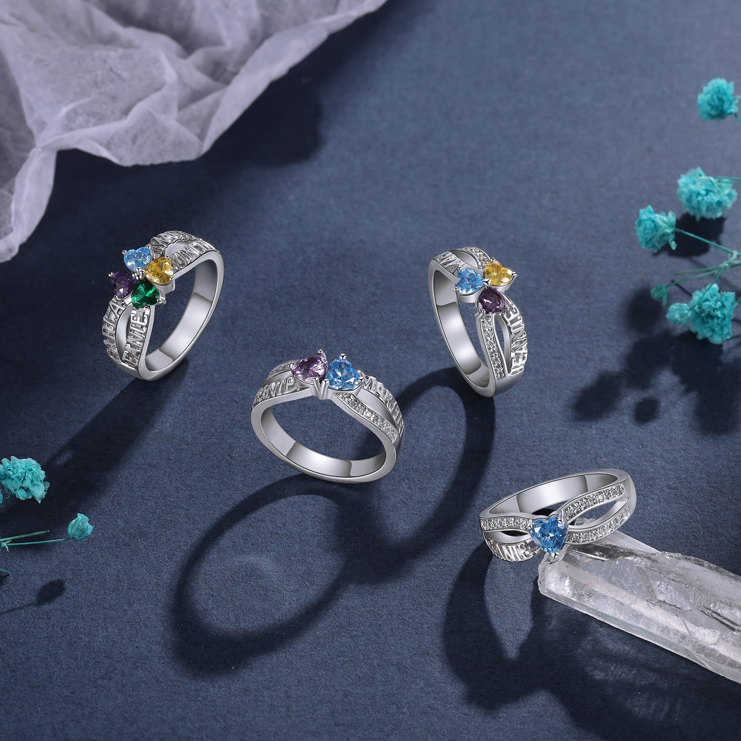Custom Name Ring Creative 3D 925 Sterling Silver Birthstone Rings for Women Mother Dainty Bride Engagement Ring Personalized Promise Rings for Her (3 NAMES)