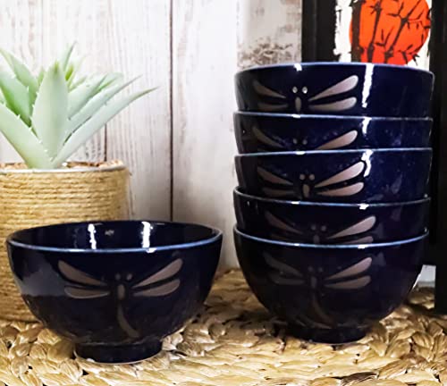 Ebros Pack Of 6 Made in Japan Midnight Blue Tombo Dragonfly Rice Soup Cereal Salad Dessert Stoneware Porcelain Bowls 4.5"D Home Decor Japanese Zen Fusion Accent Bowl Set Serveware Dinnerware