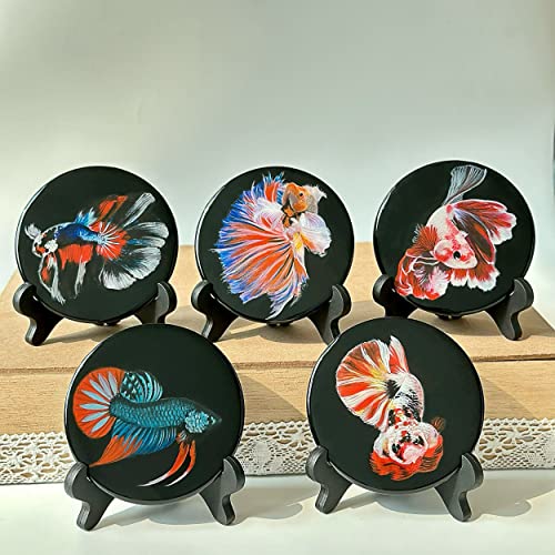 Hand-Painted Betta Fish on Resin Disc - Unique & Trending Ornaments - Office & Aquarium Accesory - Collectibles & Décor [Kyanite Collection] (Blind Box, Random)