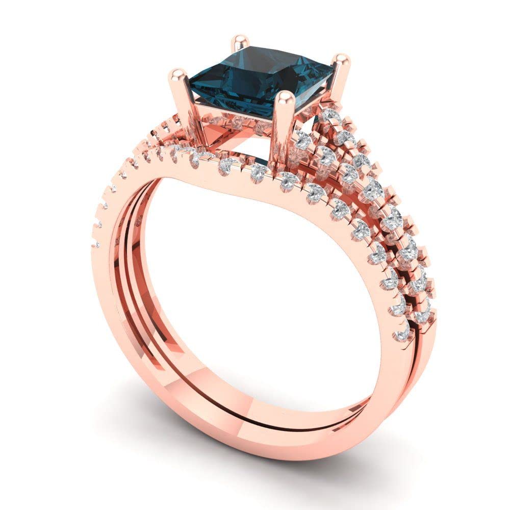 Clara Pucci 2.01ct Princess Cut Solitaire Natural London Blue Topaz Engagement Promise Anniversary Bridal Ring Band set 14k Rose Gold 3.5