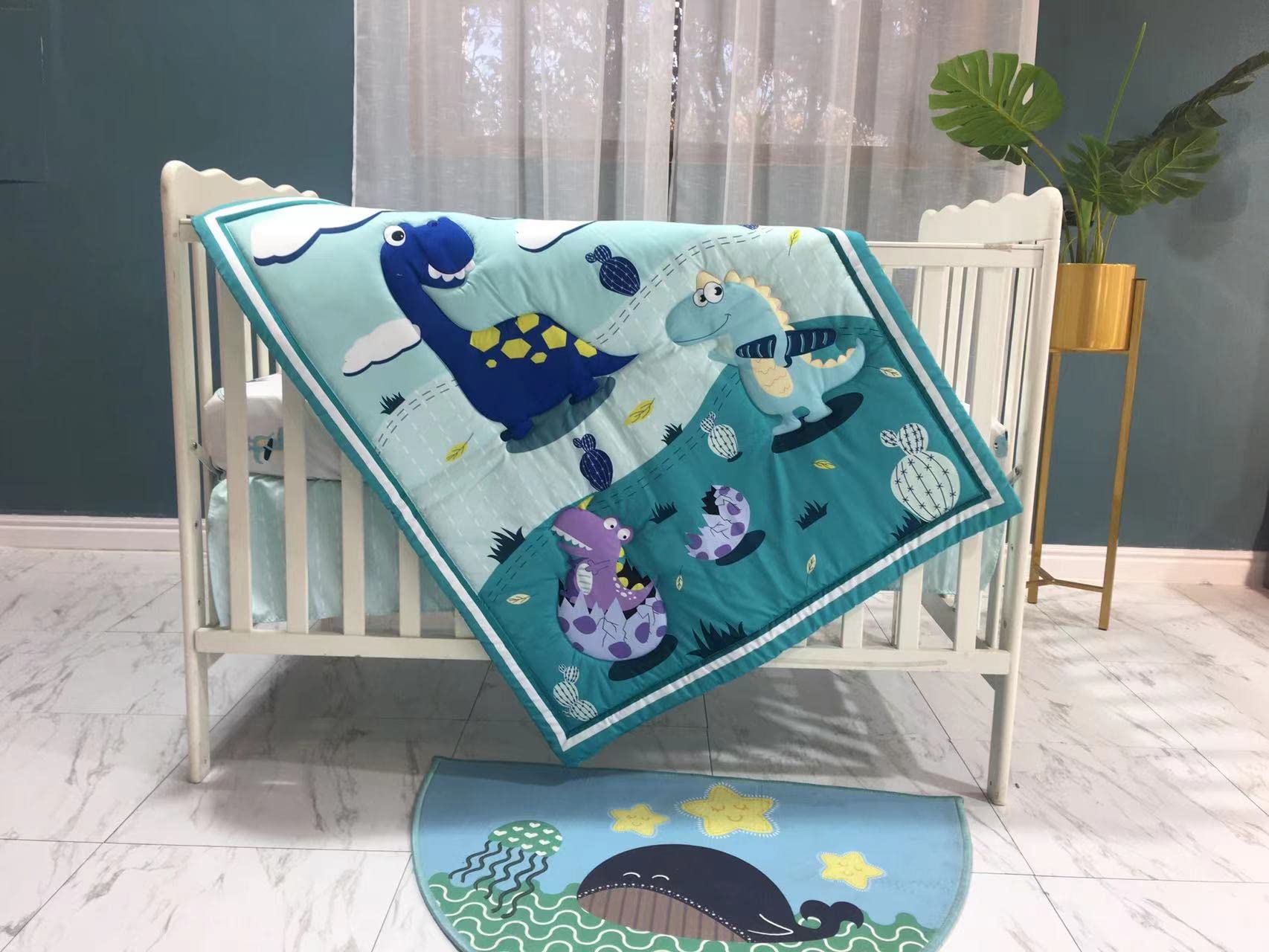 Luxanna Crib Bedding Set Dinosaur 3 Pieces Baby Boys Nursery Bedding Sets with Baby Comforter,Crib Fitted Sheet, Crib Skirt for Boys