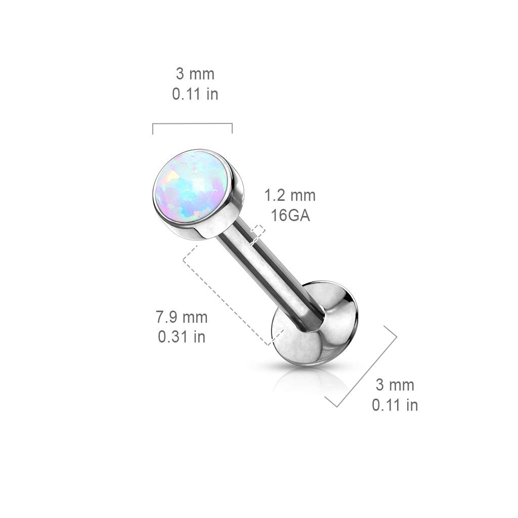 Covet Jewelry Push in Opal Flat Set Top 316L Surgical Steel Labret, Monroe, Flat Back Stud. (16 GA, Length: 6mm, Ball: 4mm, Opal Blue)