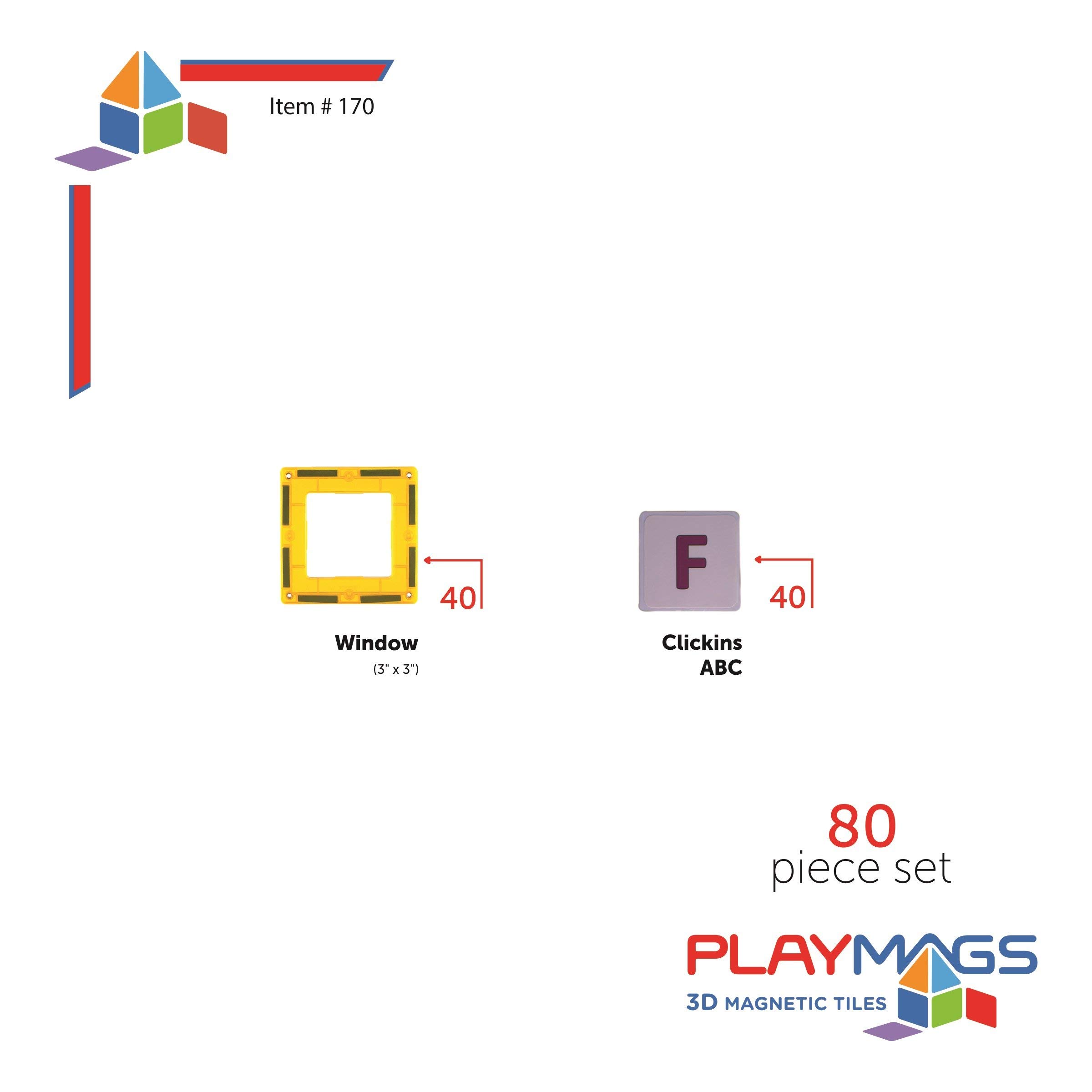 Playmags Magnetic Tile Building Set: Exclusive Educational Clickins – 80-Pc. Kit: 40 Super Strong Clear Color Magnet Tiles Windows & 40 Letters & Numbers – Stimulate Creativity & Brain Development