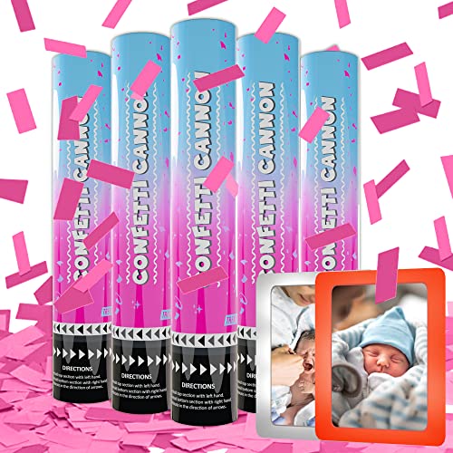 Gender Reveal Pink Confetti Cannon [5 Pack] - Gift 2 Magnetic Photo Frames, Gender Reveal Baby Girl Party Supplies, Biodegradable Confetti Poppers