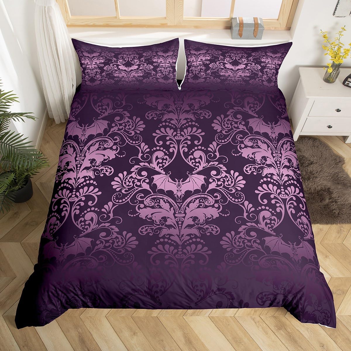 Erosebridal Adults Damask Gothic Bedding Set Antique Victorian Duvet Cover Full,Vintage Floral Goth Comforter Cover Bat Bed Set,Bats Sugar Skull Bone Skeleton Bohemian Baroque Decor,Purple Lilac